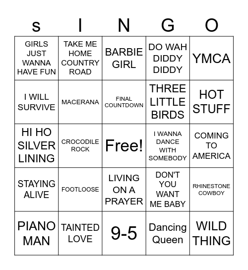 The Gin Singers Bingo Card
