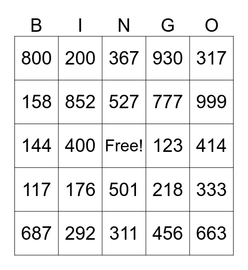 Numbers Bingo Card