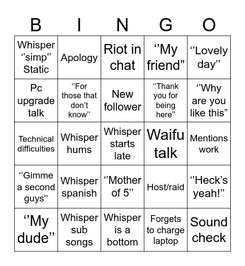 Whisper sin static-isms Bingo Card