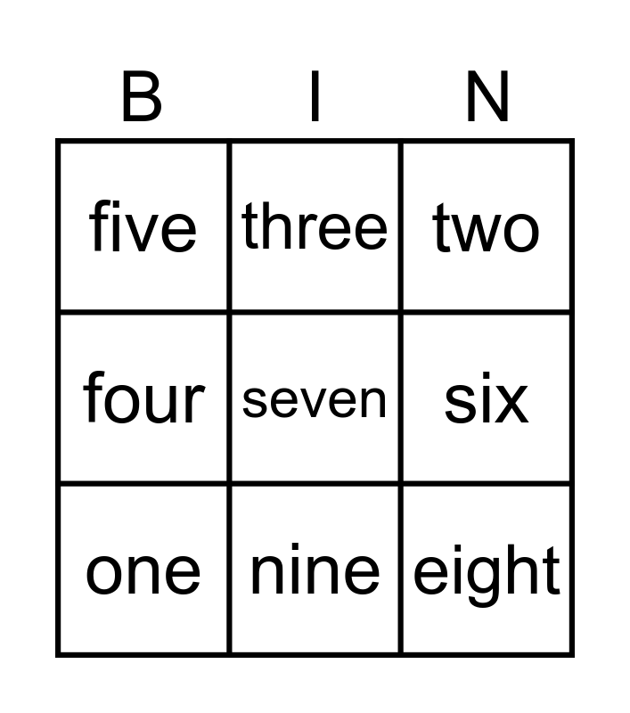 Number 1-9 Bingo Card