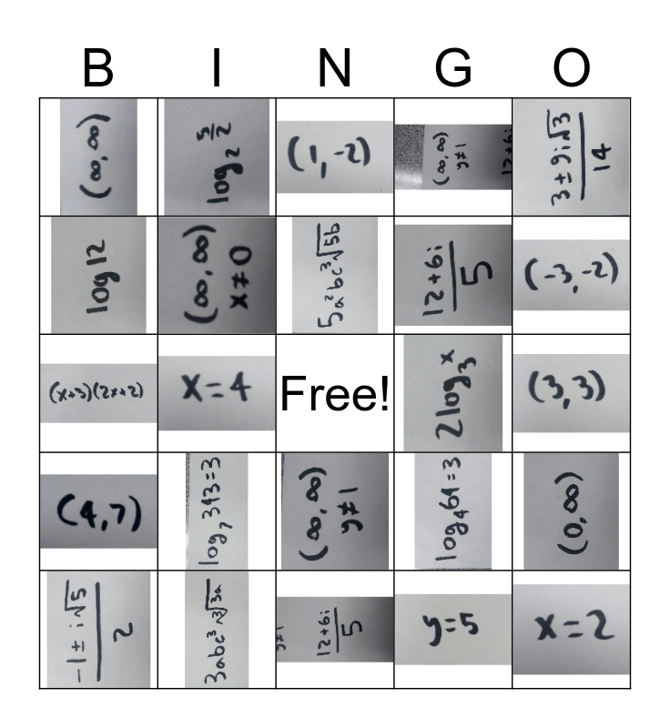 Algebra 2 Bingo Card