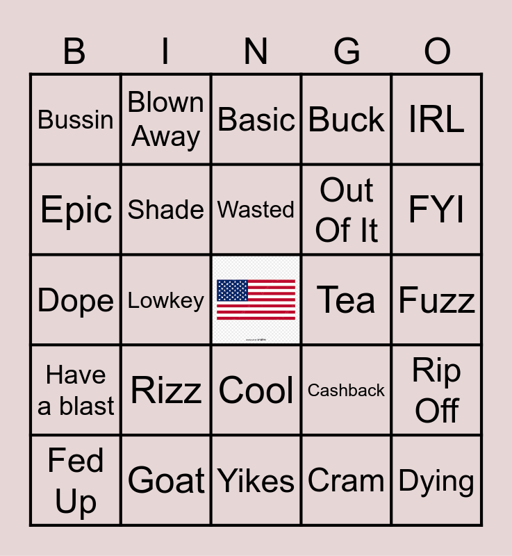 American Slang Bingo Card American Slang Bingo Card