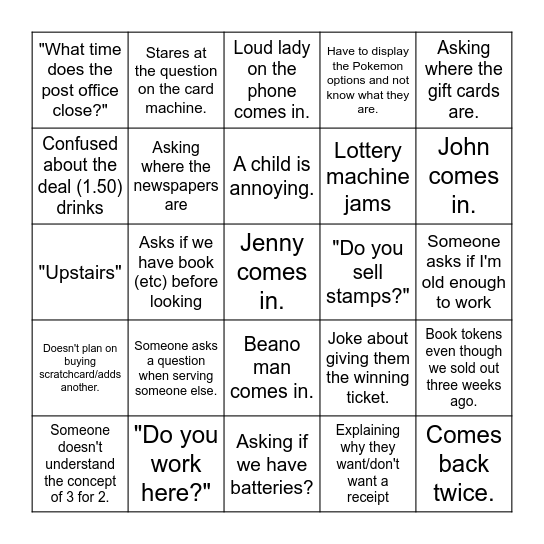 Saturday Work Bingo Card
