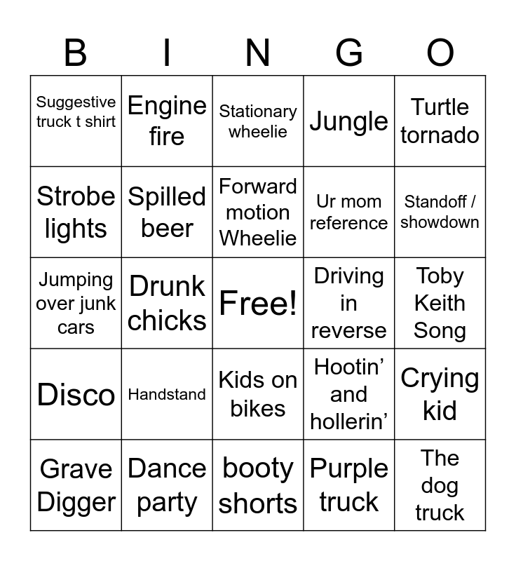 Monster Truck Bingo Card
