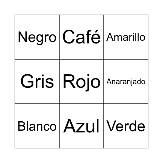 Los colores Bingo Card
