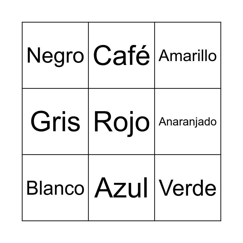Los colores Bingo Card