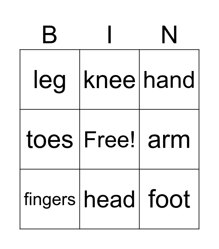 My Body Bingo Card