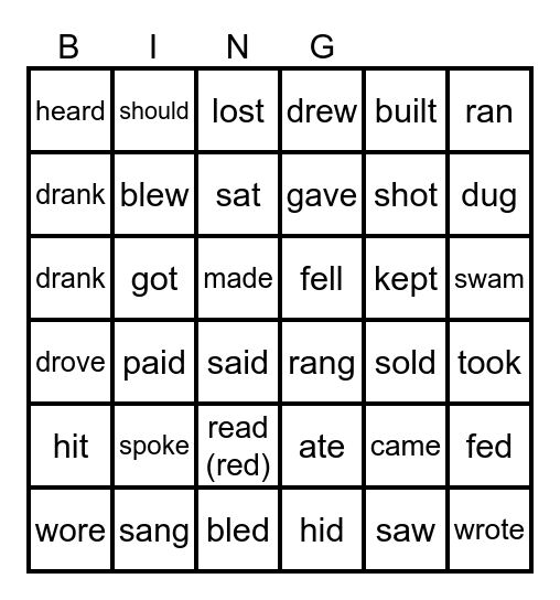Irregular Past Tense Bingo Card