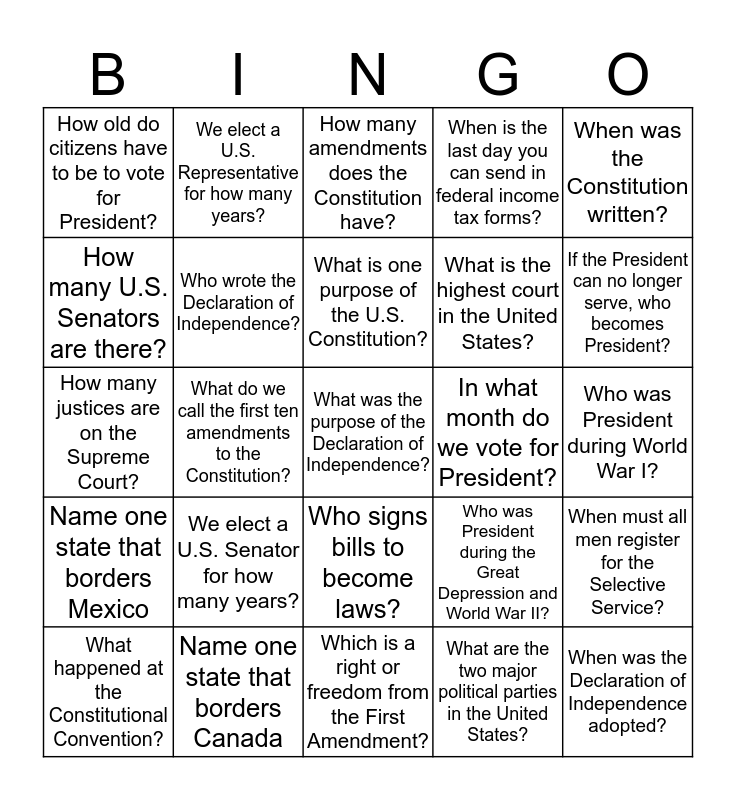 US Citizenship Civics Test Bingo Card