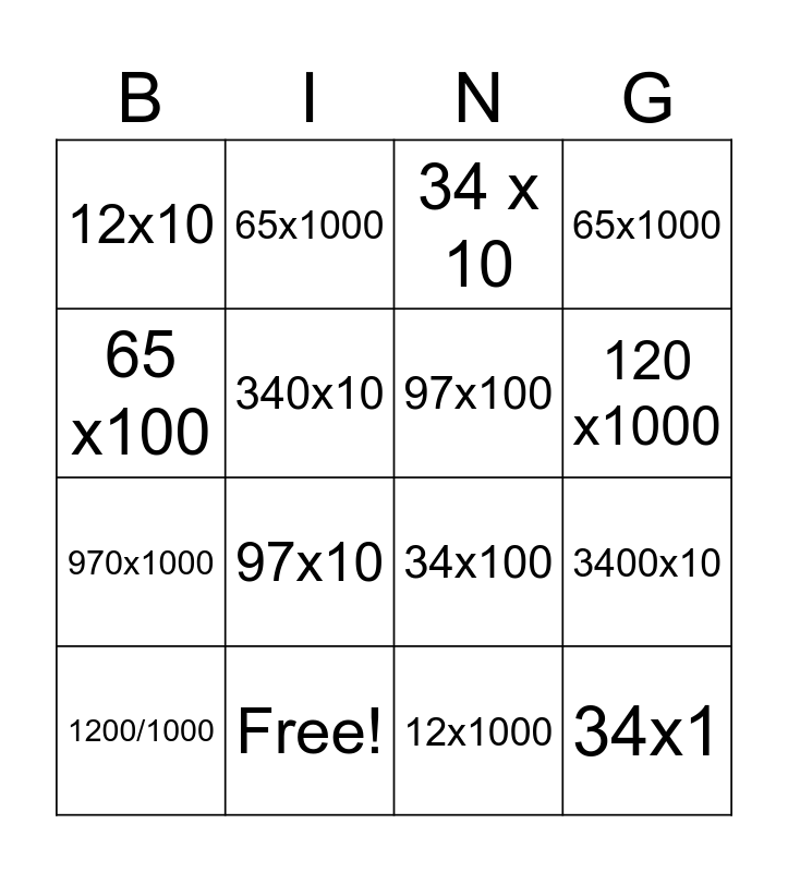 Multiply/Divide By 10/100/1000 Bingo Card