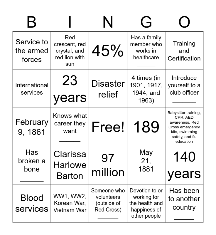 Red Cross Club Bingo Card