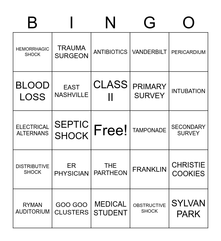 TRAUMA Bingo Card