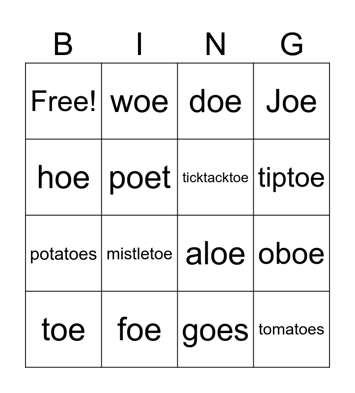 OE Words Bingo Card
