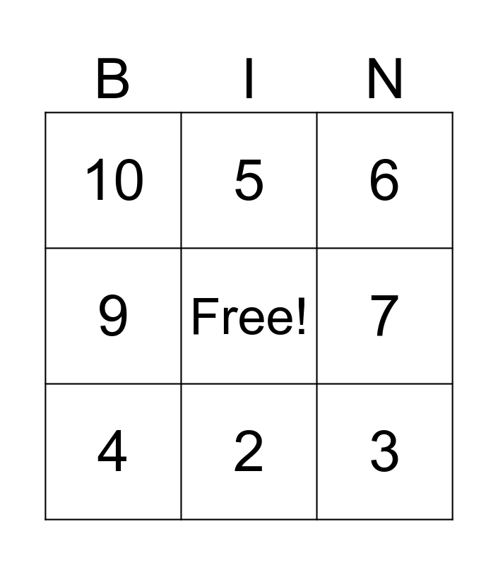 Numbers Bingo Card