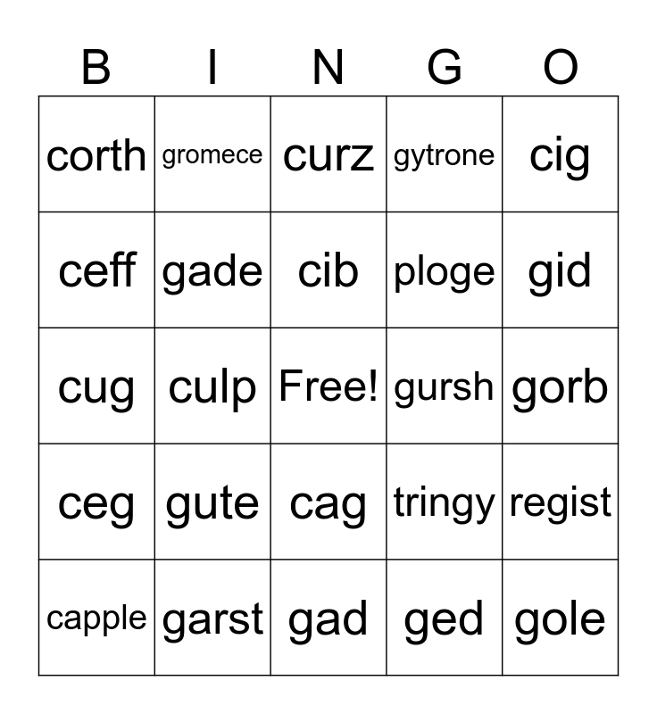 Soft and Hard 'c' and 'g' Bingo Card