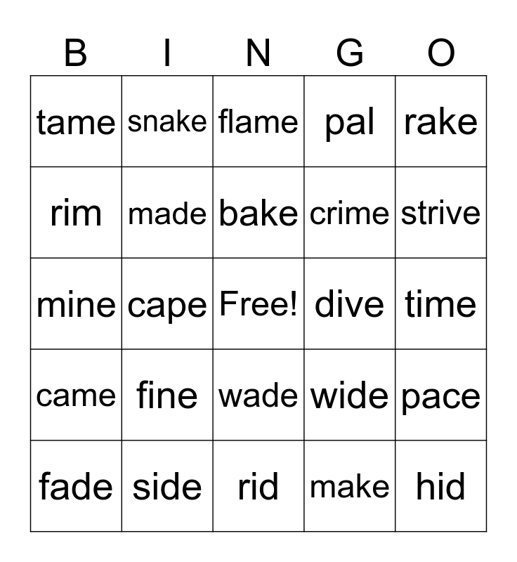 Long vowel Bossy e Bingo Card