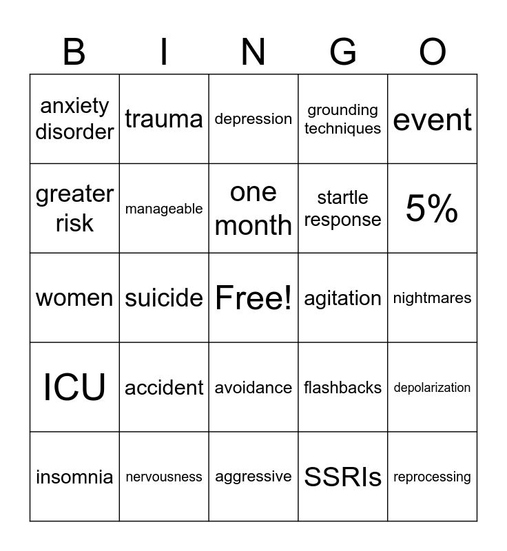 PTSD Bingo Card