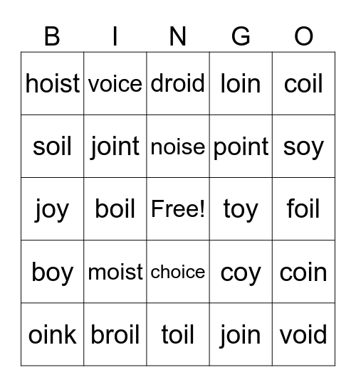 Words with "oi"/"oy" sound Bingo Card