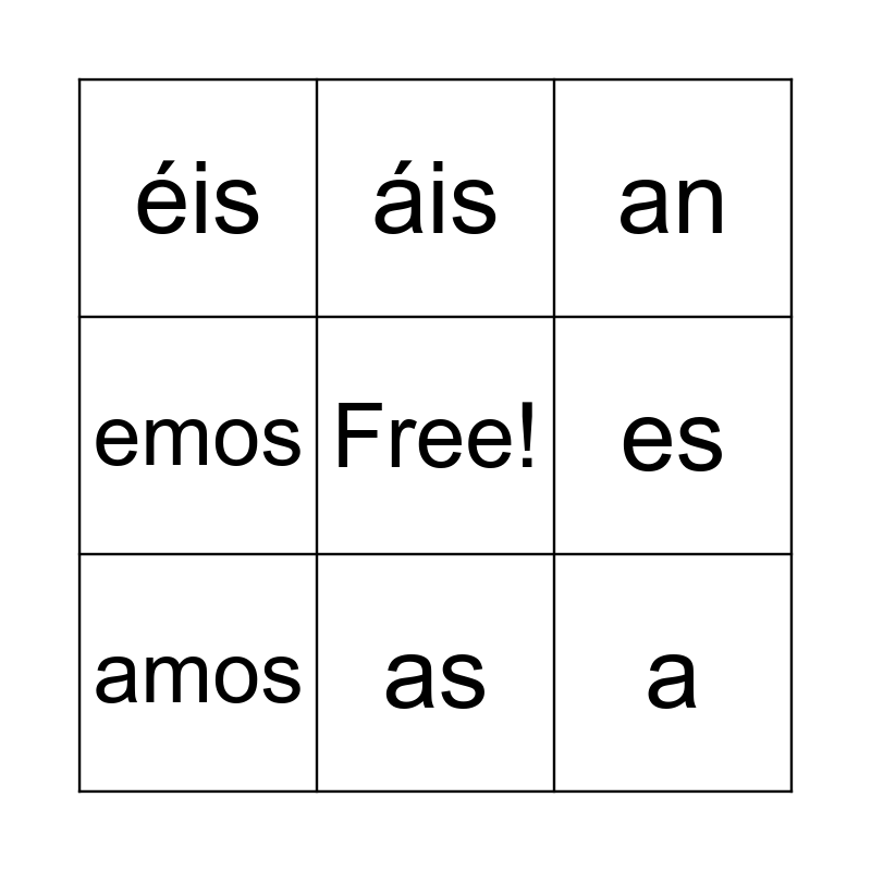 AR - ER Endings Bingo Card