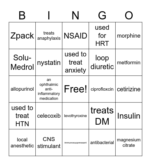 Pharmacology Final Pt 1 Bingo Card