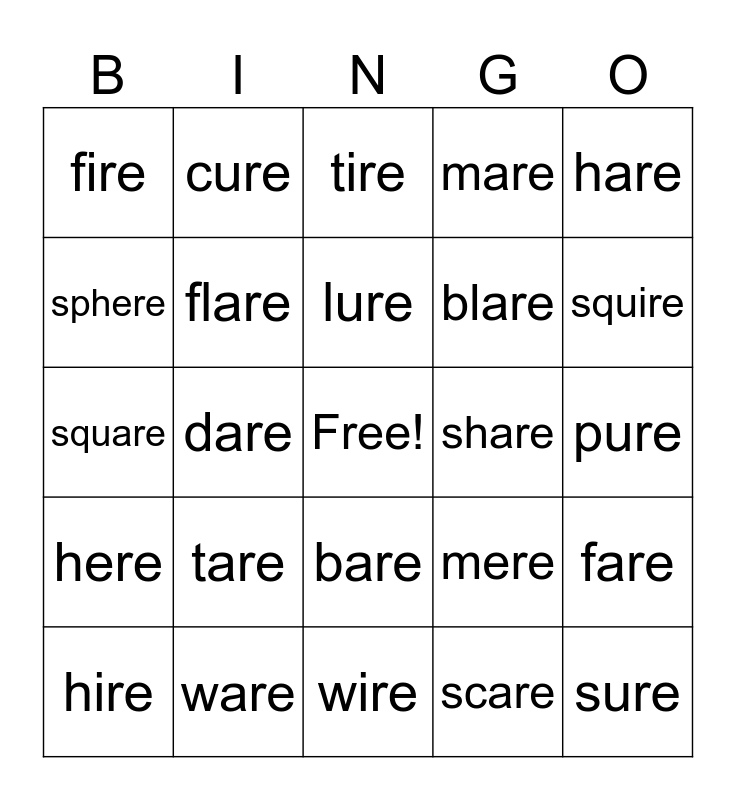 Words with "-re" sound Bingo Card