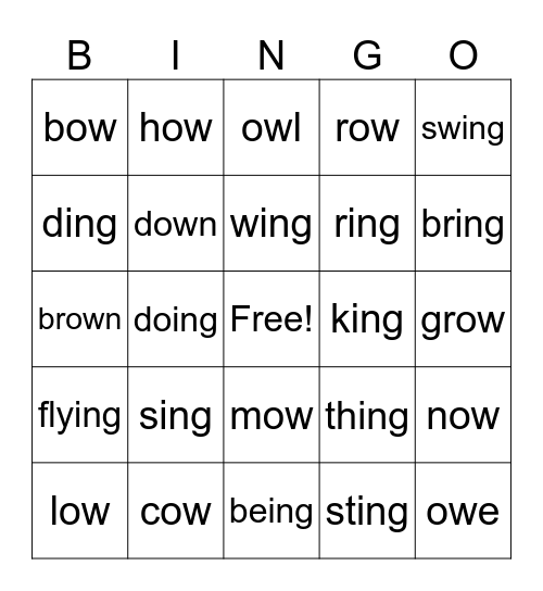 ow and ing words Bingo Card