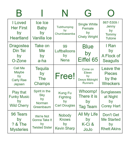 One Hit Wonders Music Bingo Card