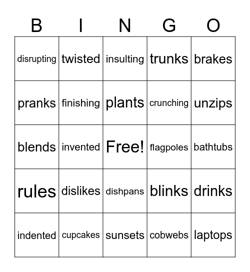 Suffixes -s, -ed, -ing, -es Bingo Card