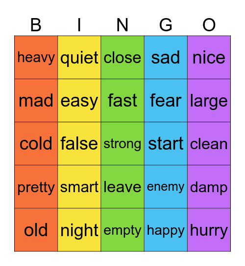 SYNONYM AND ANTONYM BINGO! Bingo Card