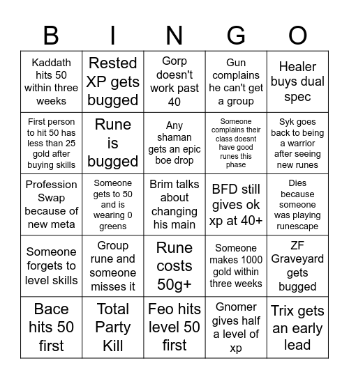 SOD Phase 3 Leveling Bingo Card