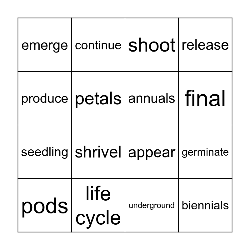 4P Science - Life Cycle Bingo Card