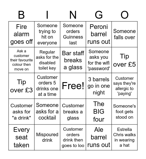 Bar Bingo Card Bar Bingo Card