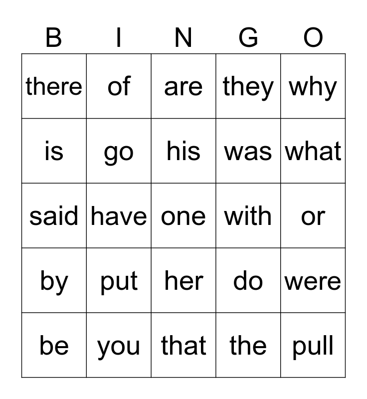 Tricky Words Bingo Card