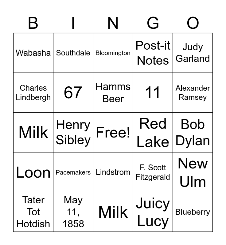 Minnesota Memories Trivia Bingo Card