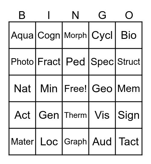 Root Word Bingo Card