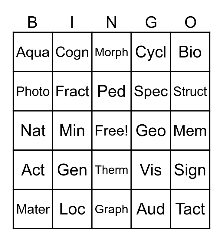 Root Word Bingo Card