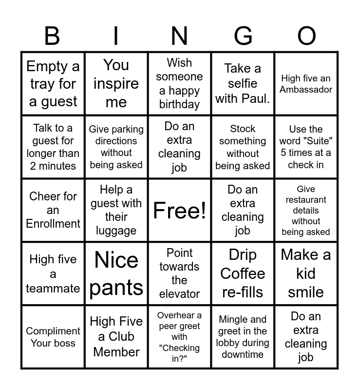 Hospitality Bingo Card