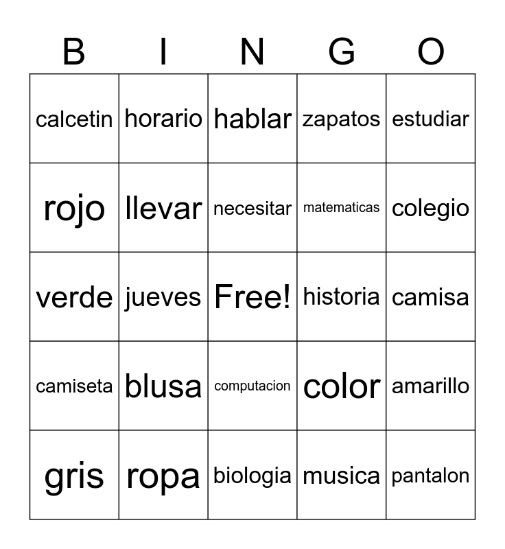 Que Chevere Unidad 2B Vocabulario Bingo Card