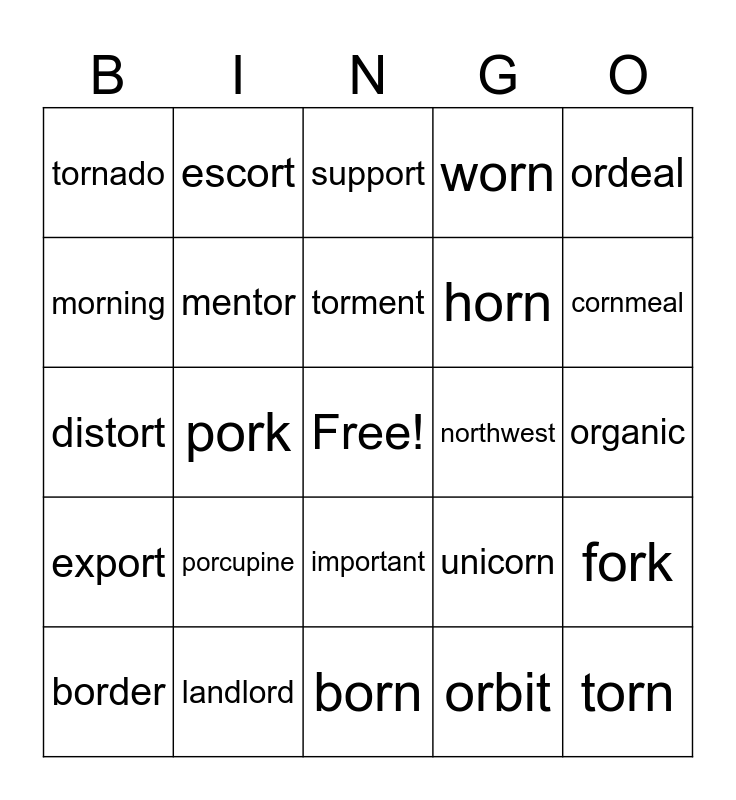 Words with bossy 'or' Bingo Card