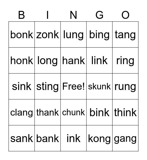 -NG AND -NK GLUED SOUNDS BINGO Card