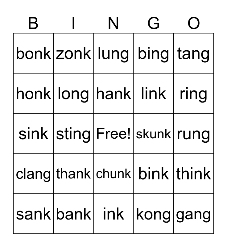 -NG AND -NK GLUED SOUNDS BINGO Card
