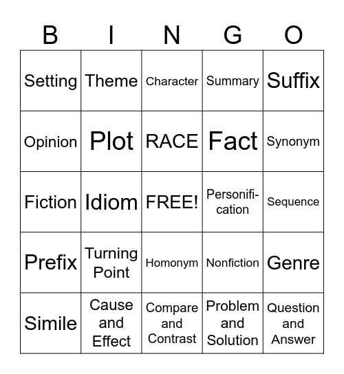 Language Arts Bingo Card