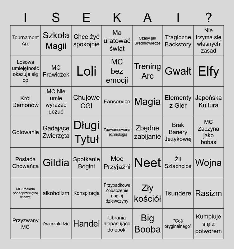 Isekai Trash Bingo Card