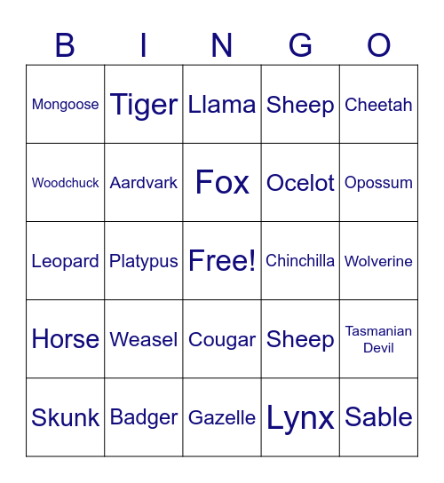 What's Your Favorite Animal Bingo Card