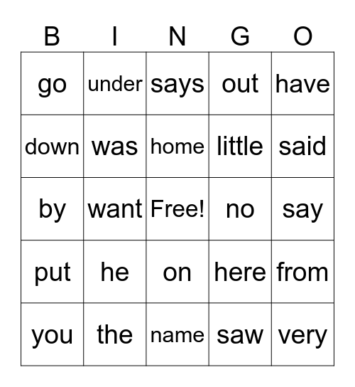 First grade Sight words Bingo Card