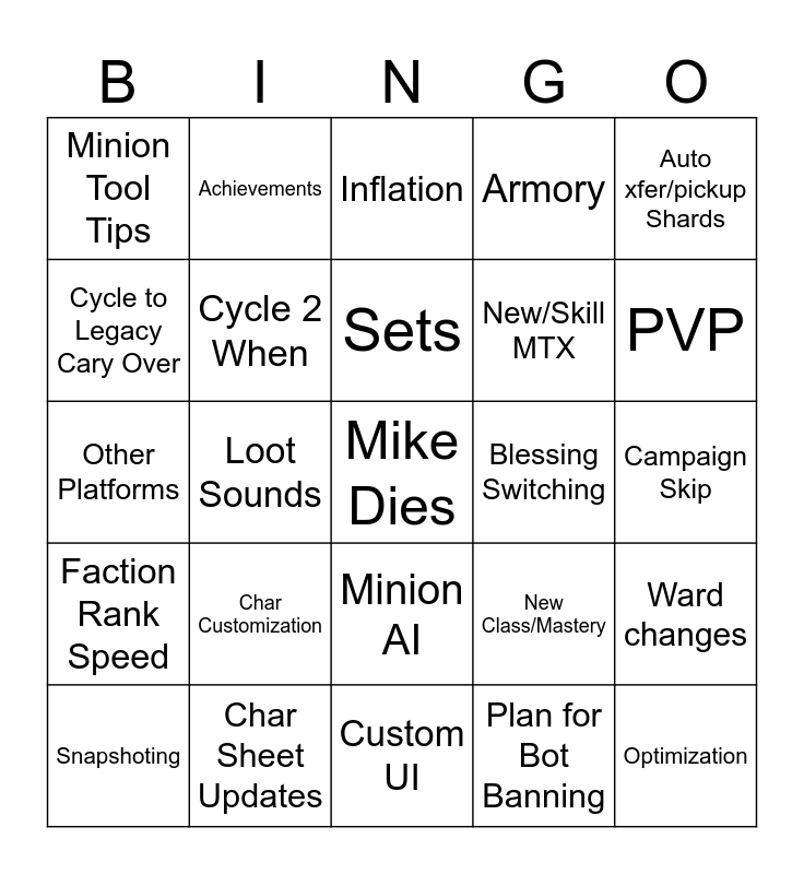 Last Epoch Dev Stream Bingo Card