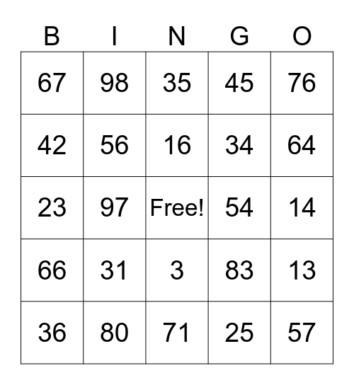 Numbers 1-100 (Andersen) Bingo Card