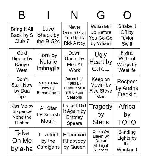 Music Bingo 80s, 90s, 00s Bingo Card