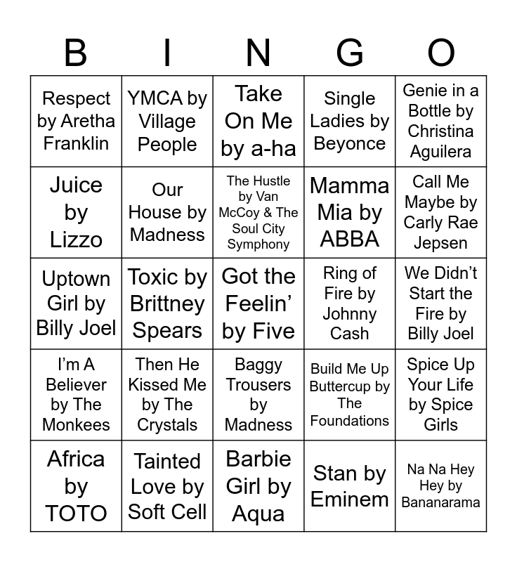 Music Bingo 80s, 90s, 00s Bingo Card