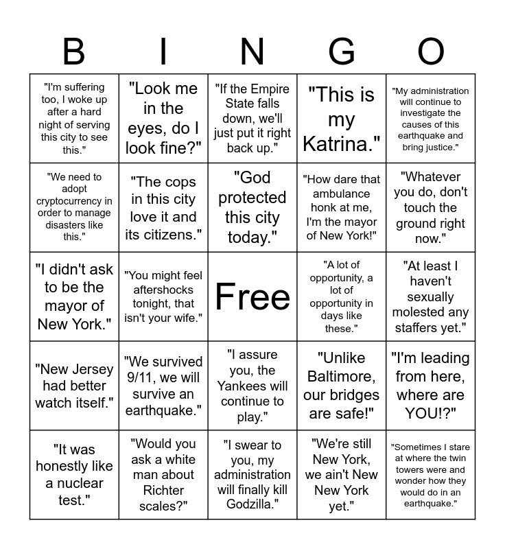 Eric Adams Earthquake Bingo Card